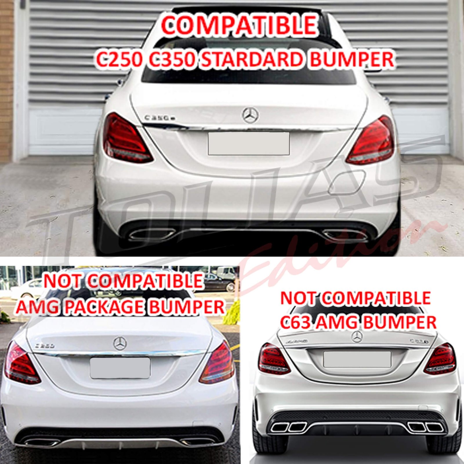 MERCEDES C CLASS W205 14-18 REAR DIFFUSER w/TIPS for STANDARD BUMPER ...